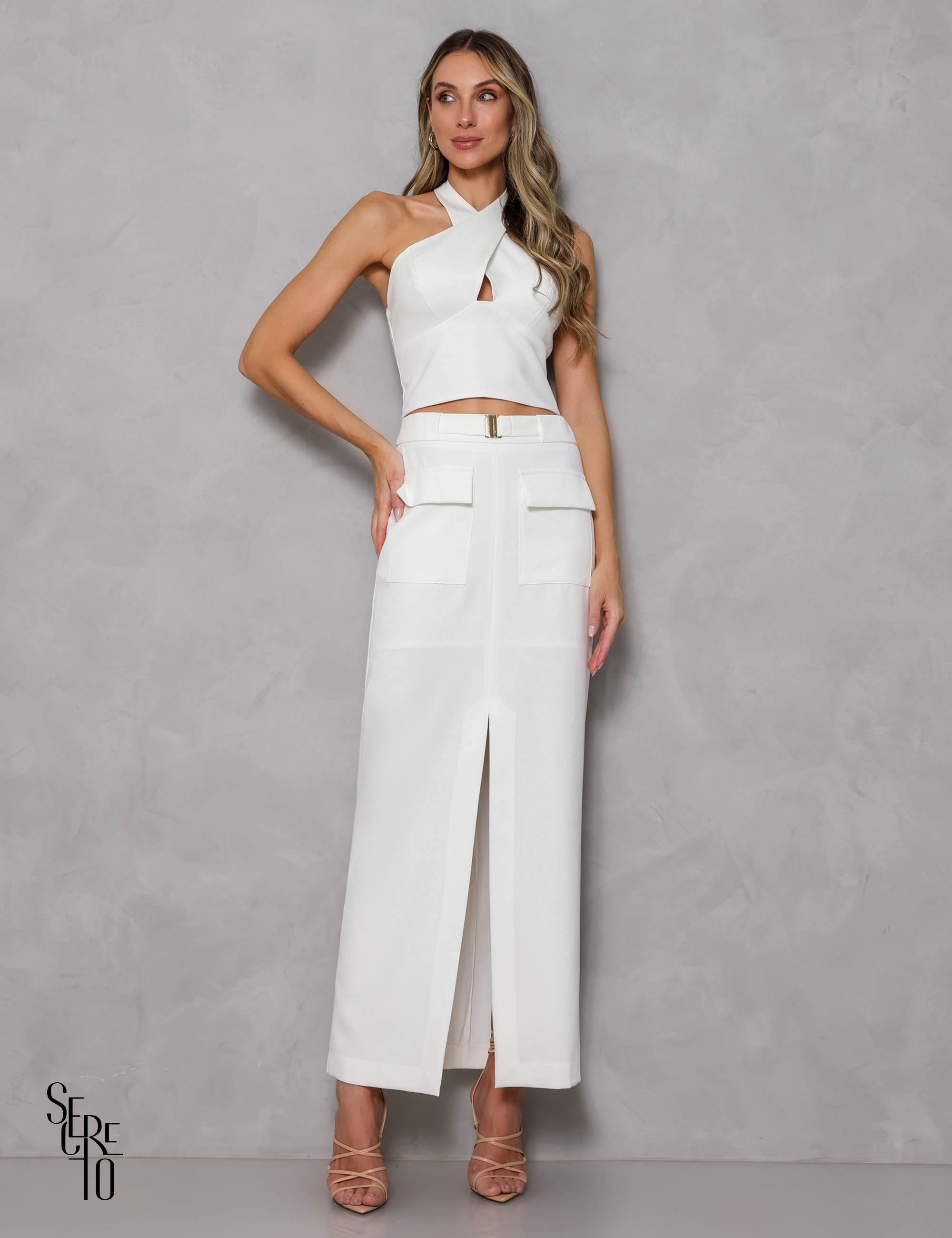 Conjunto Cropped e Saia Mirella Off White| Secreto Closet